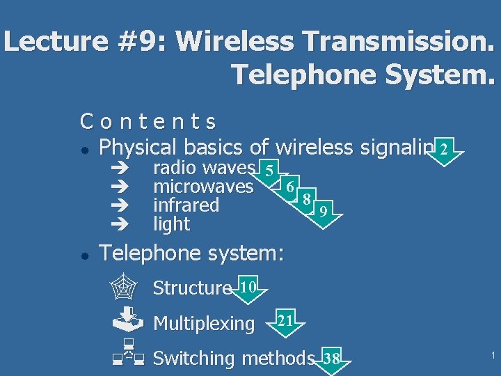 Lecture 9 Wireless Transmission Telephone System Contents l