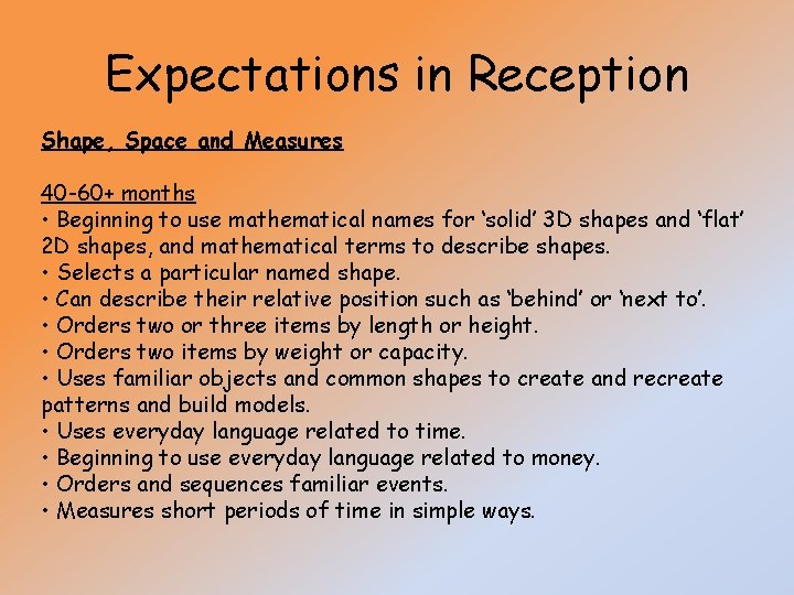 EYFS Maths Wednesday 12 th November 2014 Expectations