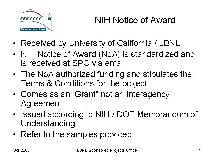 NIH Notice of Award Received by University of