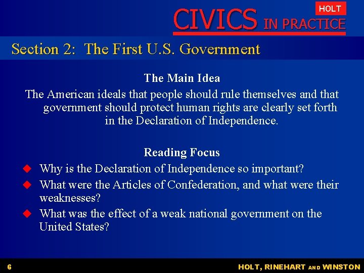 CIVICS IN PRACTICE HOLT Chapter 2 Foundations of
