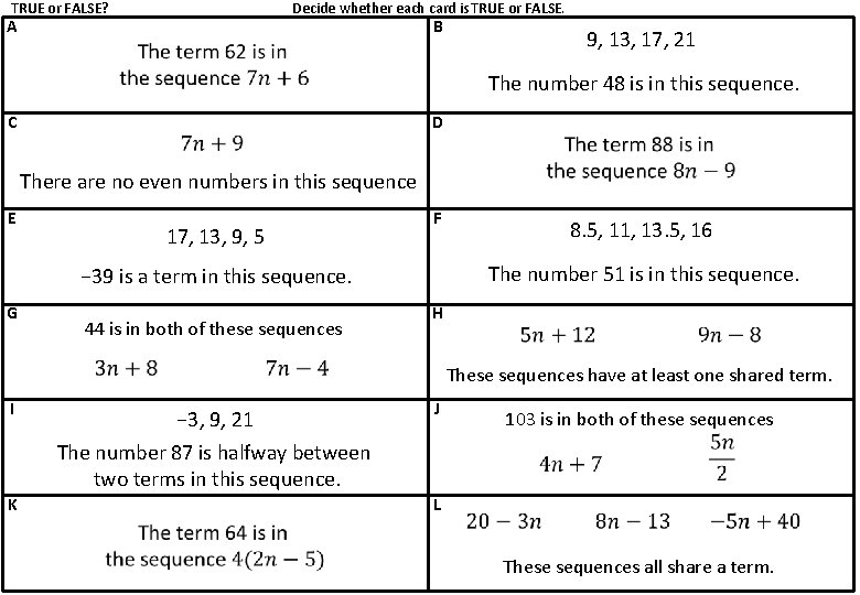 Linear Sequences Evaluating Terms Card Sort Students need