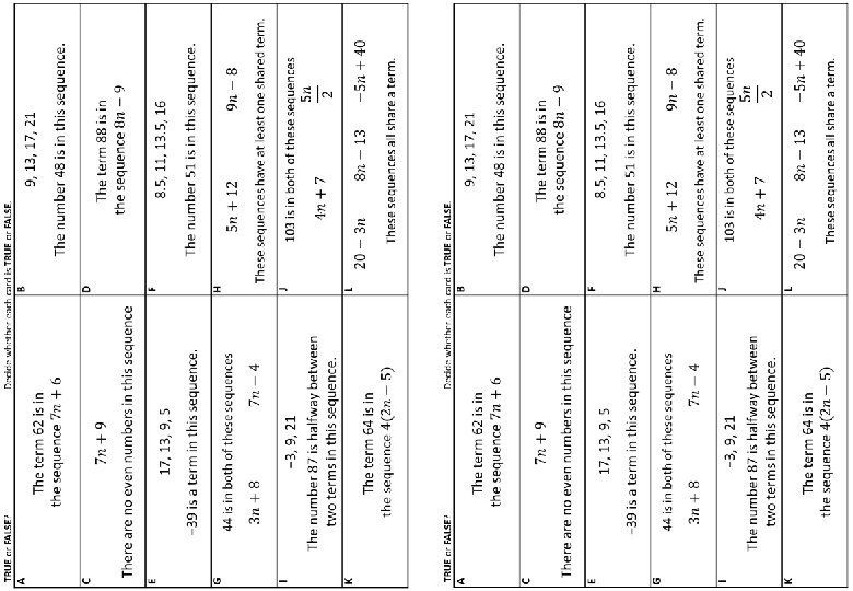 Linear Sequences Evaluating Terms Card Sort Students need