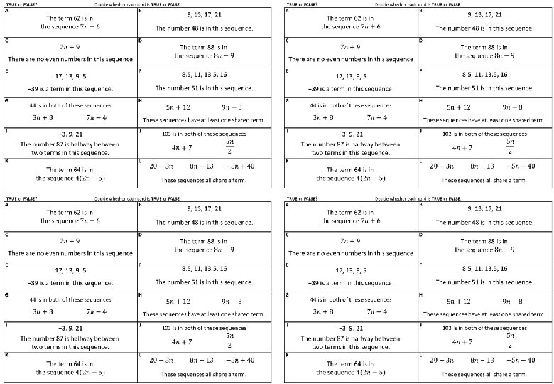 Linear Sequences Evaluating Terms Card Sort Students need