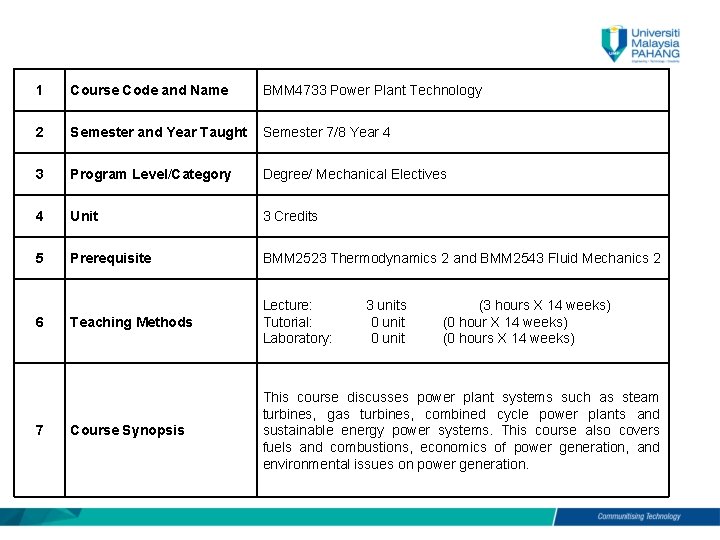 Power Plant Technology Course Information by Mohamad Firdaus