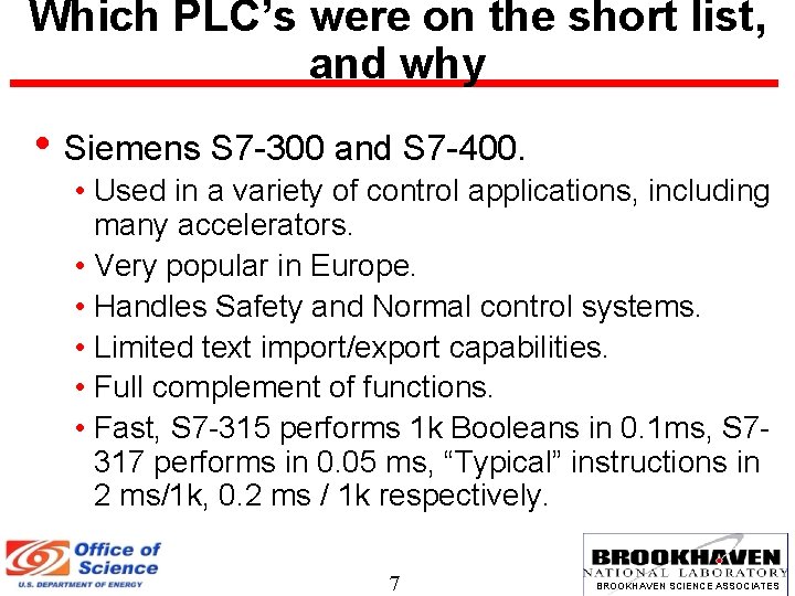 PLC Selection Criteria and Results David Dudley Sep