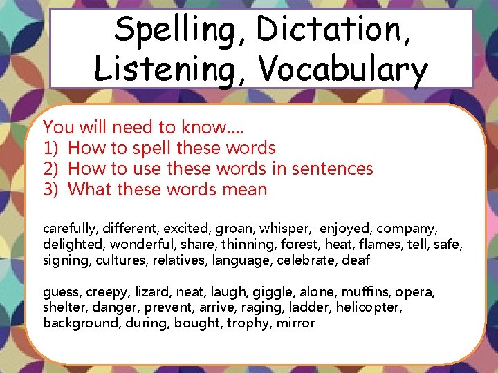 Midterm Review Spelling Dictation Listening Vocabulary You will