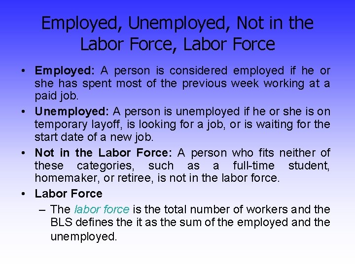 Employed Unemployed Not in the Labor Force Labor