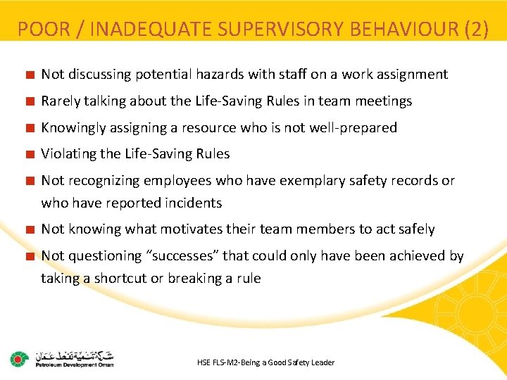 SAFETY LEADERSHIP FOR FRONTLINE SUPERVISORS Module 2 Being