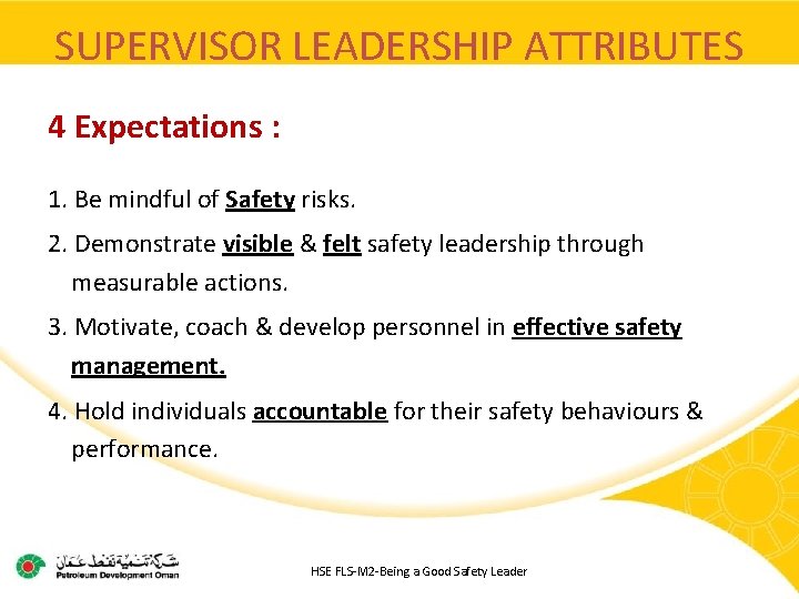SAFETY LEADERSHIP FOR FRONTLINE SUPERVISORS Module 2 Being