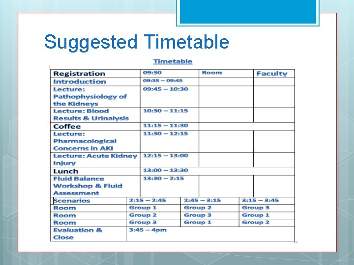 Facilitator Guidance Notes Suggested Timetable Guidance Notes Each