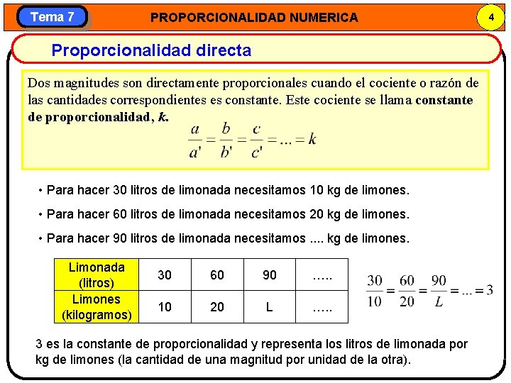 Tema 7 PROPORCIONALIDAD Tema 7 PROPORCIONALIDAD NUMERICA Recuerda