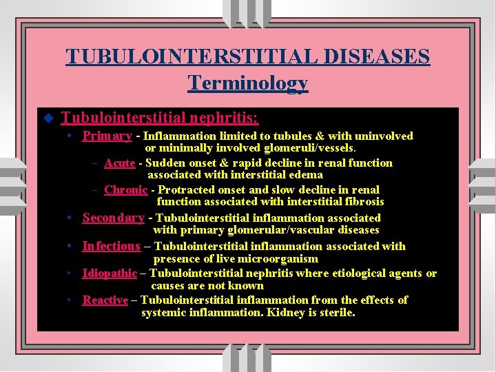 TUBULOINTERSTITIAL DISEASES Terminology u Tubulointerstitial nephritis ...
