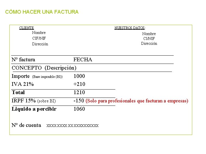 CMO HACER UNA FACTURA CLIENTE NUESTROS DATOS Nombre