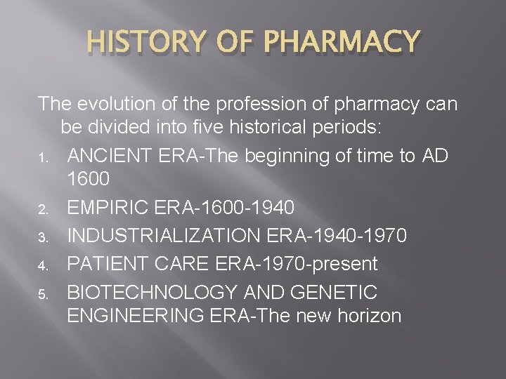 HISTORY OF PHARMACY HISTORY OF PHARMACY The evolution