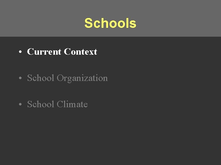 Schools Current Context School Organization School Climate Schools