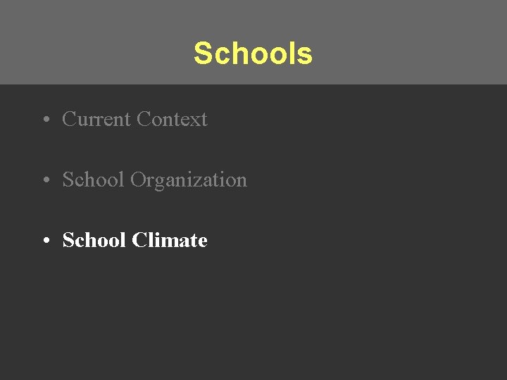 Schools Current Context School Organization School Climate Schools