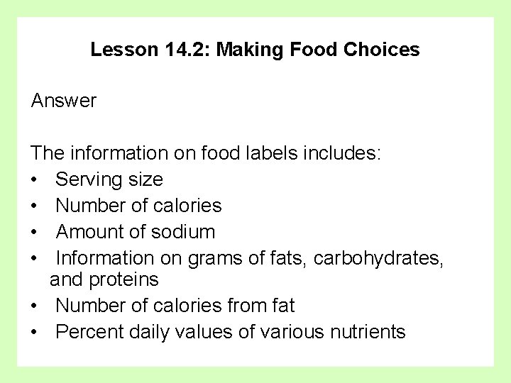 Chapter 14 Choosing Nutritious Food Lesson 14 2