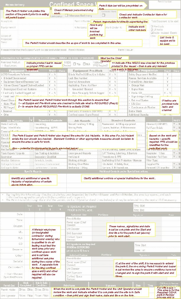 Permit Number Confined Space Work Permit Meraux Refinery
