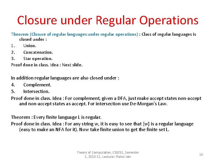 Theory of Computation CS 3231 2010 2011 First