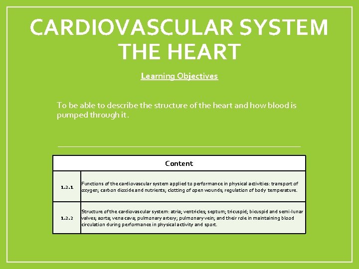 CARDIOVASCULAR SYSTEM THE HEART Learning Objectives To be