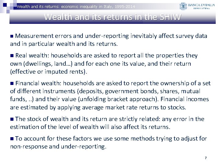 BANCA DITALIA EUROSISTEMA Wealth and its returns economic