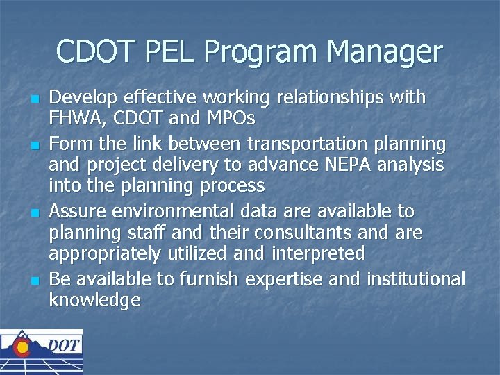 Colorado Planning and Environmental Linkages Integrated Planning Work