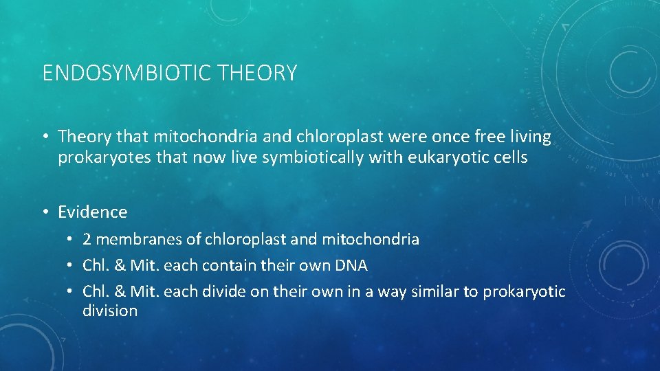 ENDOSYMBIOTIC THEORY Theory that mitochondria and chloroplast were