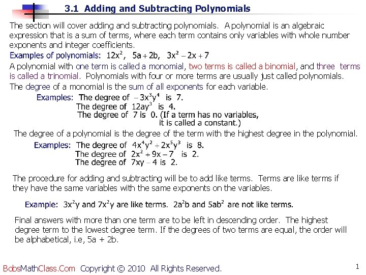 3 1 Adding and Subtracting Polynomials The section