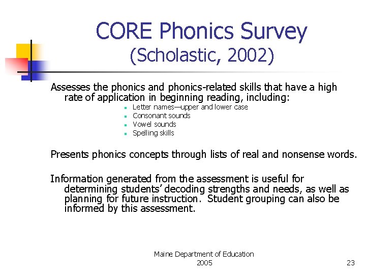 Maine Reading First Course Session 9 Phonics Research