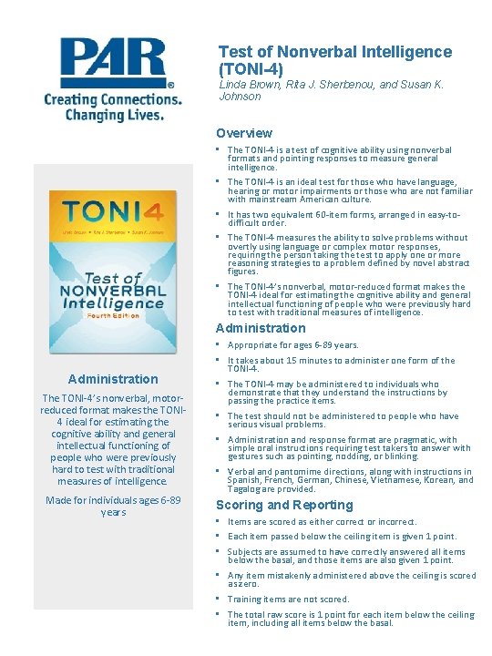 Test of Nonverbal Intelligence TONI4 Linda Brown Rita