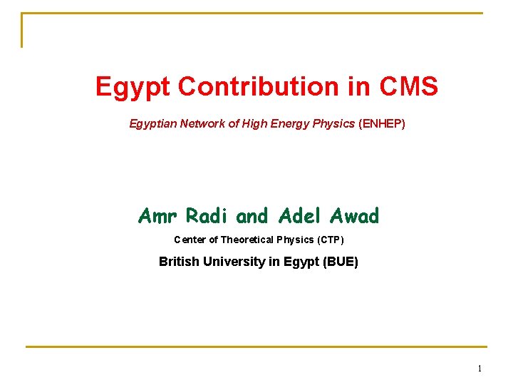 Egypt Contribution in CMS Egyptian Network of High
