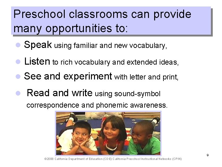 Oral Language Seeds for Early Literacy California Preschool