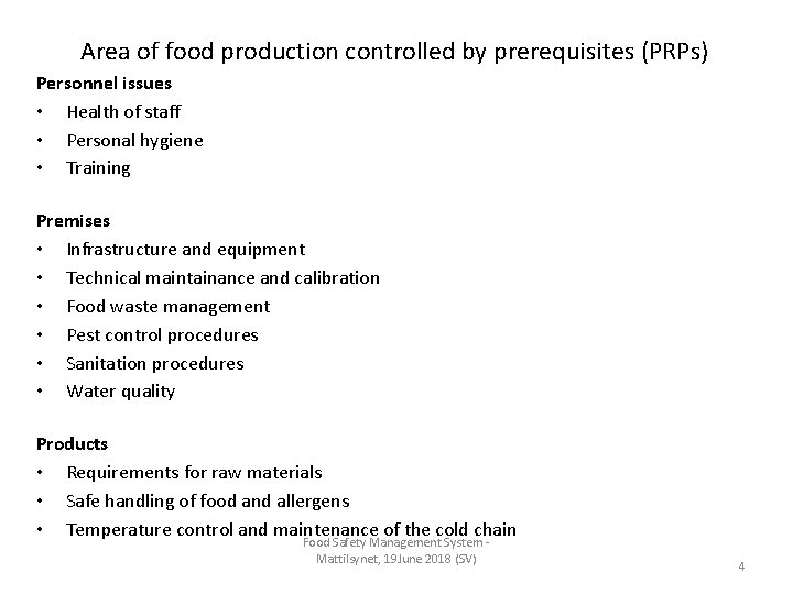 Food Safety Management System FSMS covering prerequisite programs