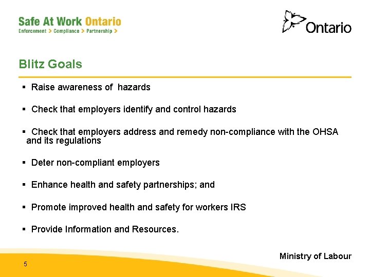 New and Young Workers 2012 Blitz Workplace Safety