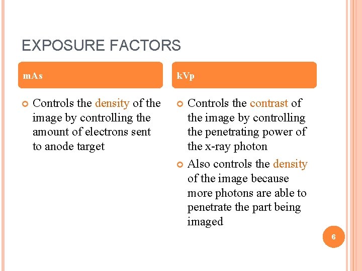 EXPOSURE FACTORS 1 Contrast Density Image Quality technique