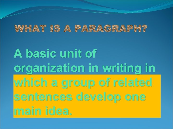 PARAGRAPH WRITING A basic unit of organization in