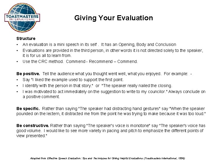 Giving Effective Evaluations and Feedback Mount Victoria Toastmasters