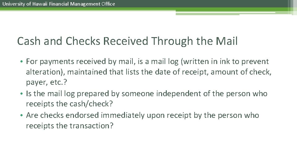 Financial Management Office Cash and Check Handling SelfAssessment