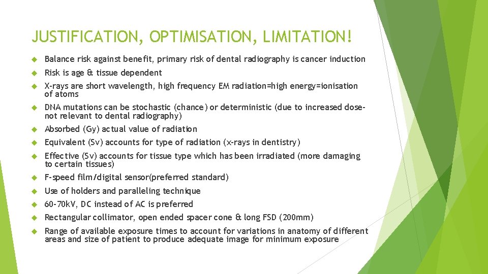 Dental Radiology A brief overview JUSTIFICATION OPTIMISATION LIMITATION