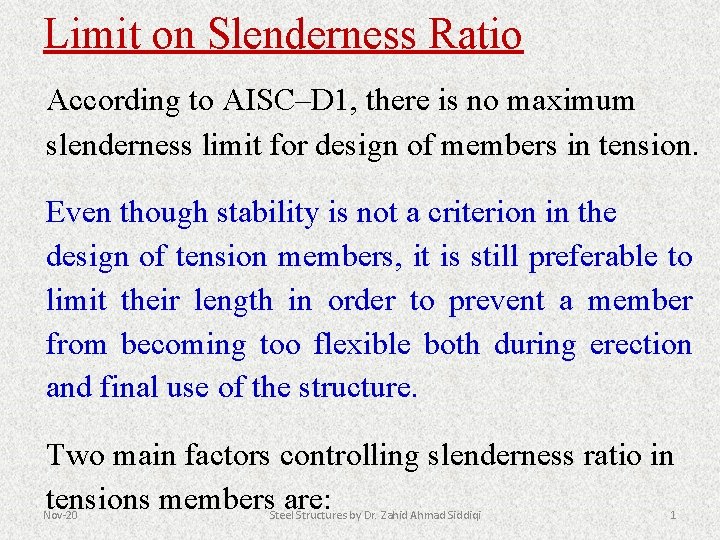 Limit on Slenderness Ratio According to AISCD 1