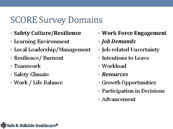 SCORE SAFETY COMMUNICATION OPERATIONAL RELIABILITY AND ENGAGEMENT Safe