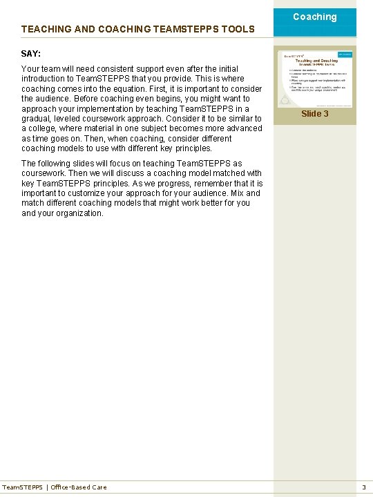 for OFFICEBASED CARE Teaching and Coaching Coaching INTRODUCTION