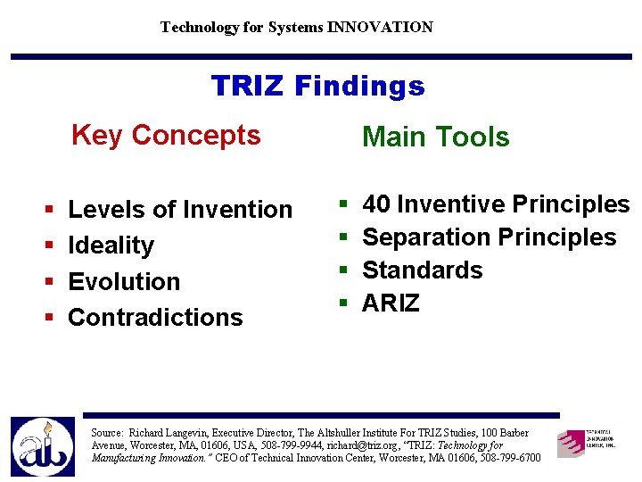TRIZ Inspiration for Innovation INNOVATION the key to