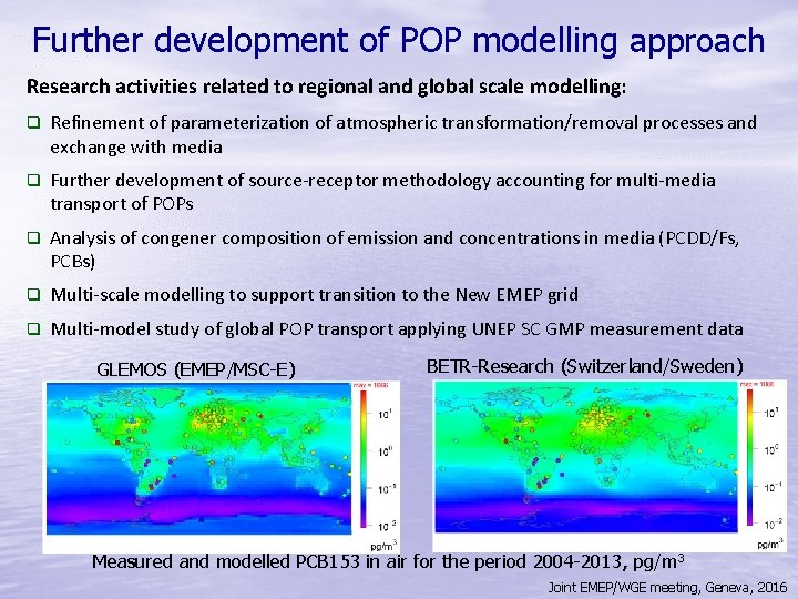 Monitoring and modelling of POP pollution main activities