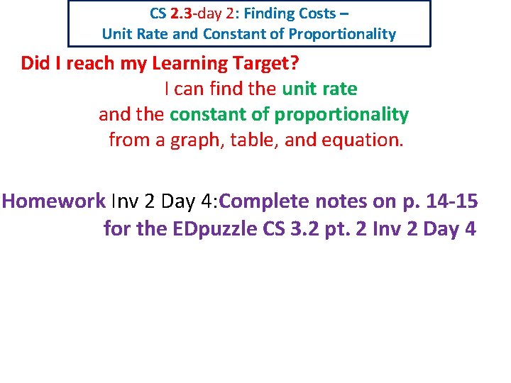 CS 2 3 day 2 Finding Costs Unit