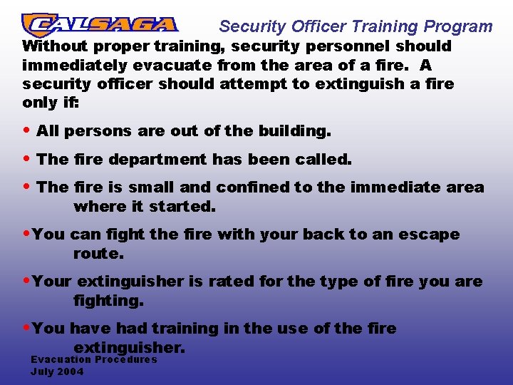Security Officer Training Program EVACUATION PROCEDURES Evacuation ...