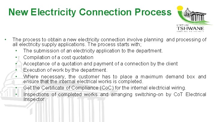 CITY OF TSHWANE ENERGY AND ELECTRICITY DEPARTMENT Getting