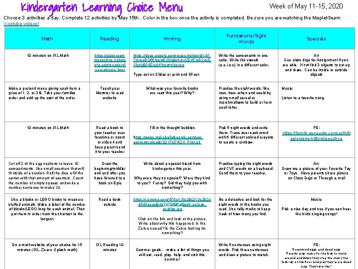 Kindergarten Learning Choice Menu Week of May 11