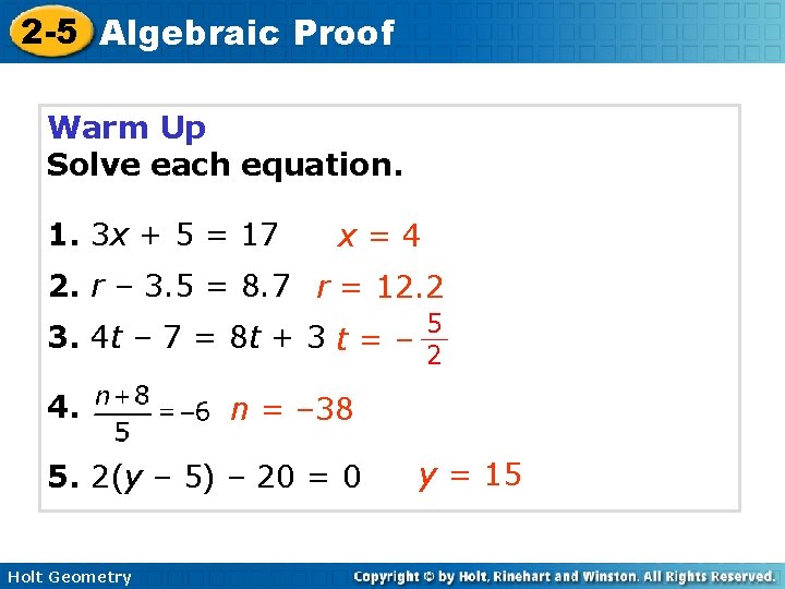 2 5 Algebraic Proof Warm Up Lesson Presentation
