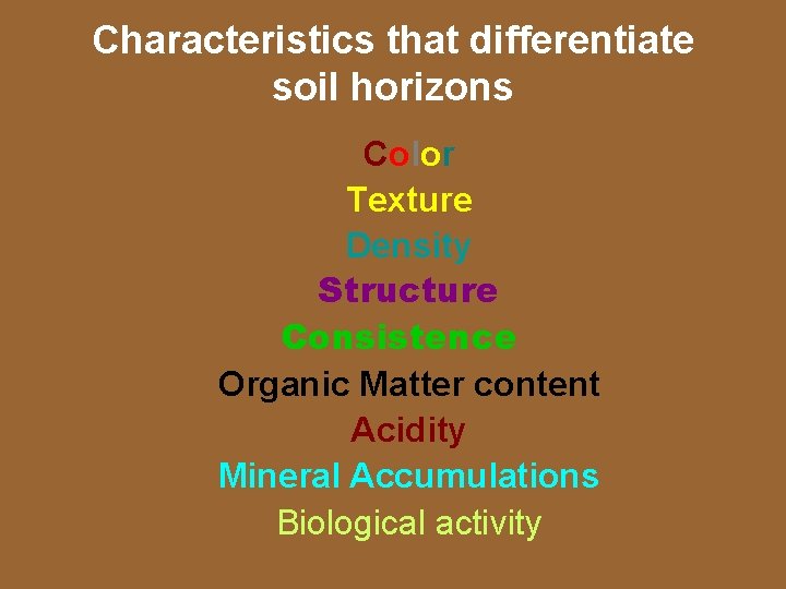 Characteristics that differentiate soil horizons Color Texture Density